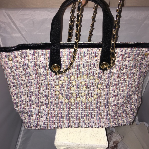 Bags | Demure Tweed Tote Laptop Bag Carryall With Pearl Accent | Poshmark